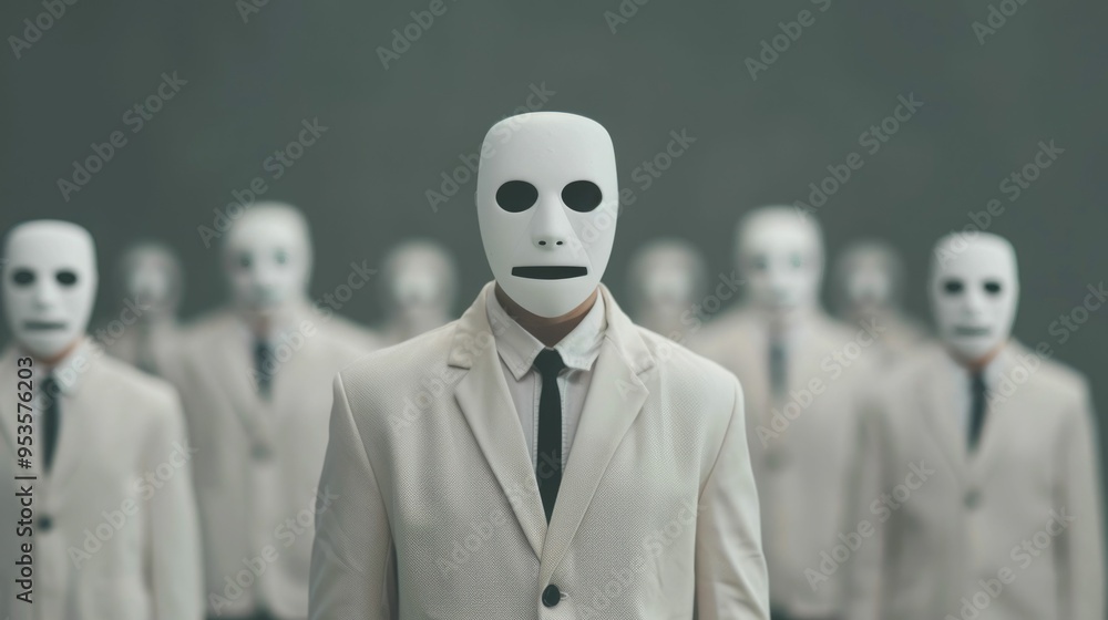 Surreal image depicting a crowd of faceless figures in business attire ...