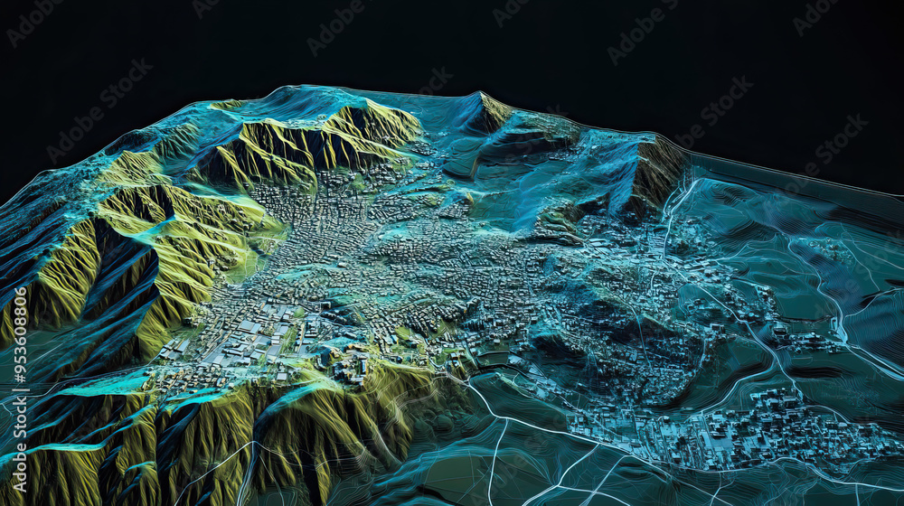 Technical aerial visual, 3D LiDAR GIS aerial map satellite scan model ...