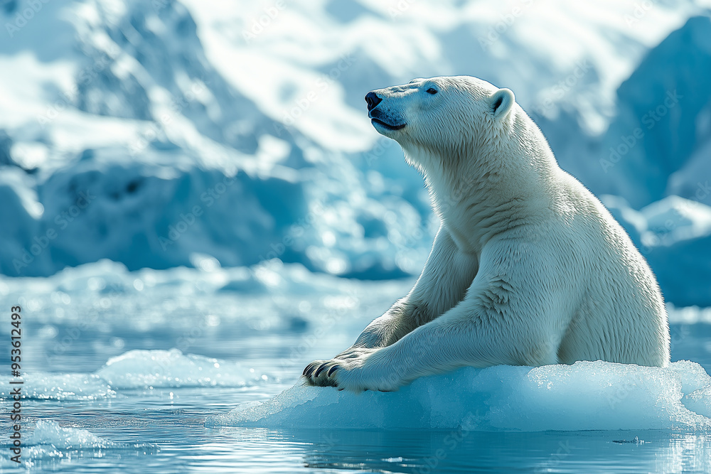 White polar bear sitting on melting ice floe glacier at arctic sea that ...