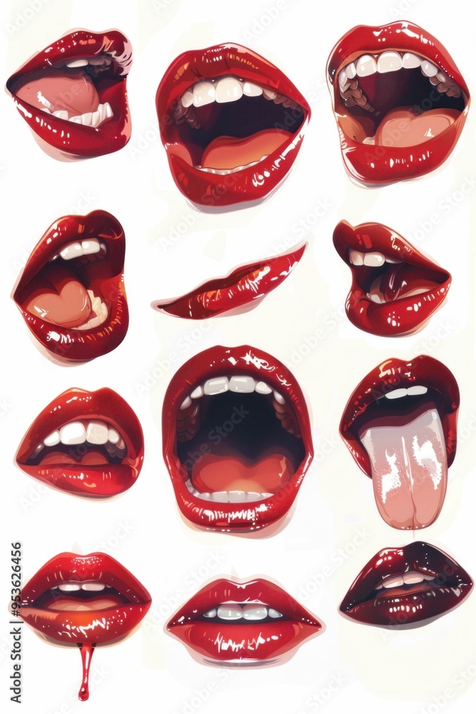 Collection of various stylized red lips and mouths expressing different ...