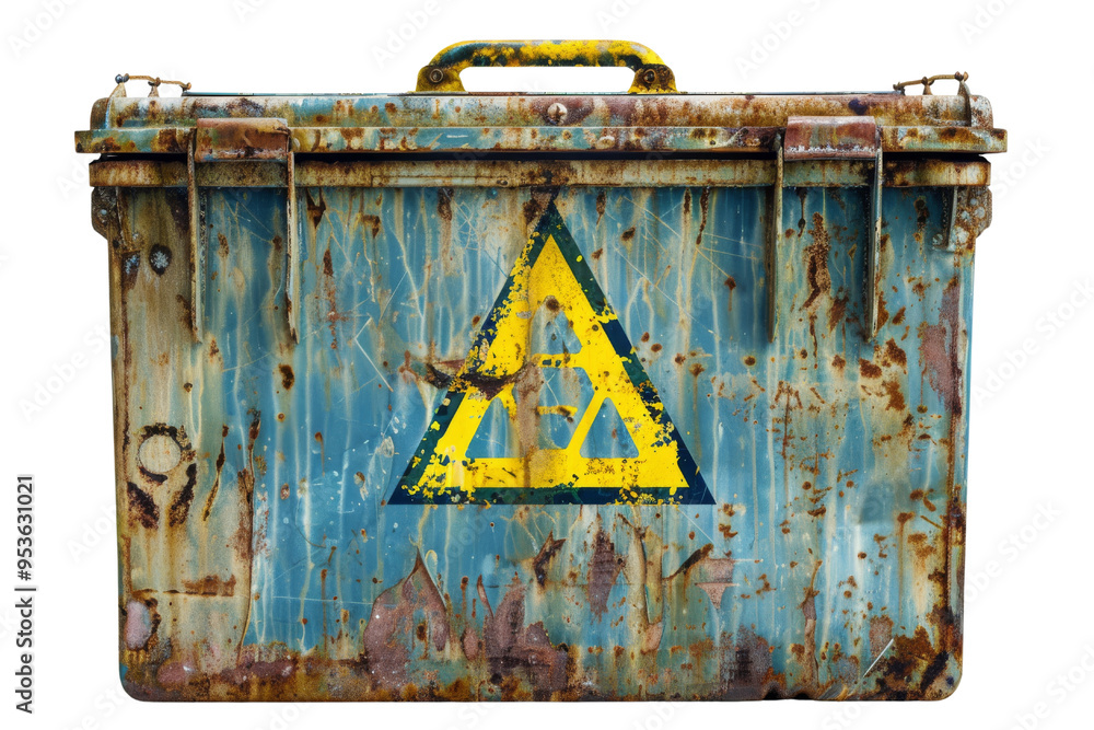 Rusty container with a biohazard symbol, showcasing industrial decay ...