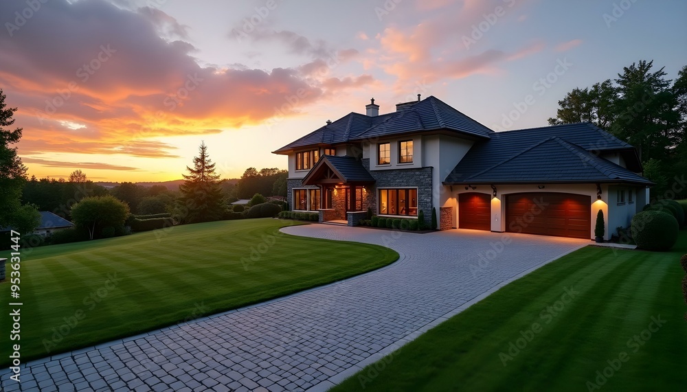 At Evening dusk sunset, cobblestone in driveway lush green grass lawn ...