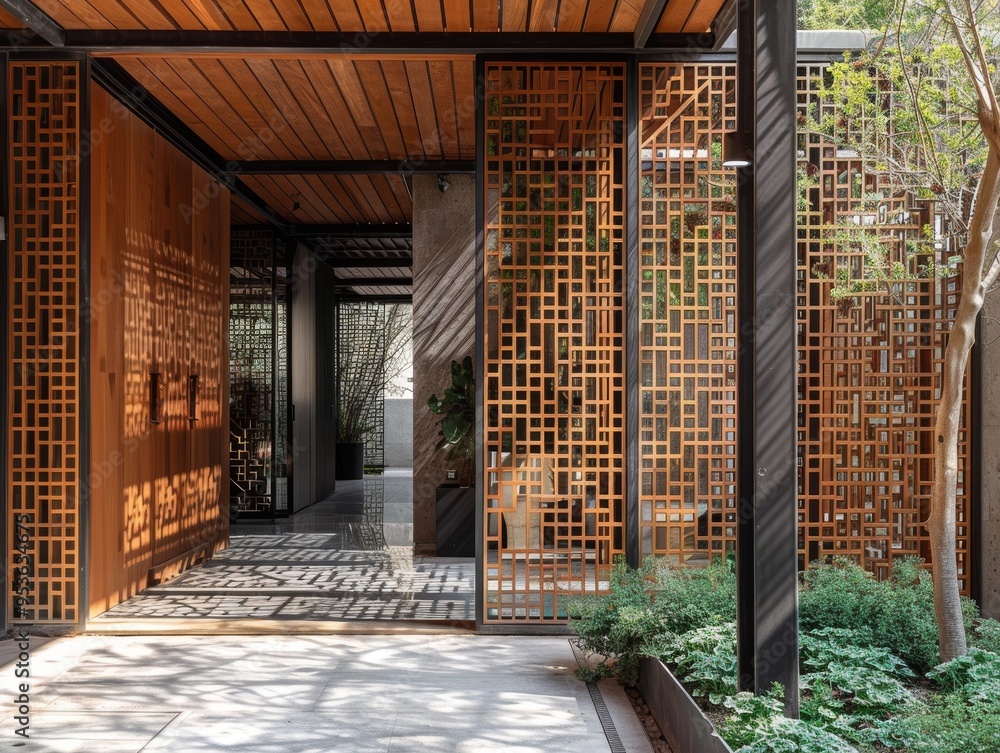 cortened screened gate to garden, wood screening, black steel structure ...