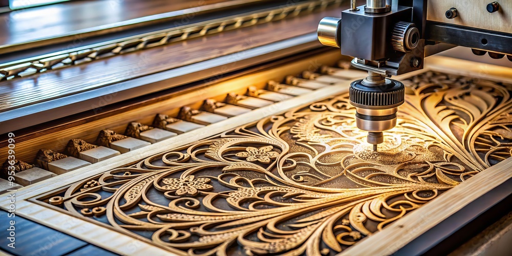 A high-precision laser cutter machine meticulously engraves intricate ...