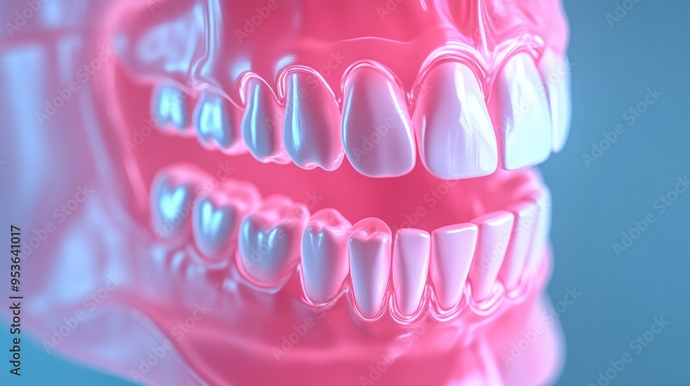 Close-up 3D render of a human jaw model with teeth and gums ...
