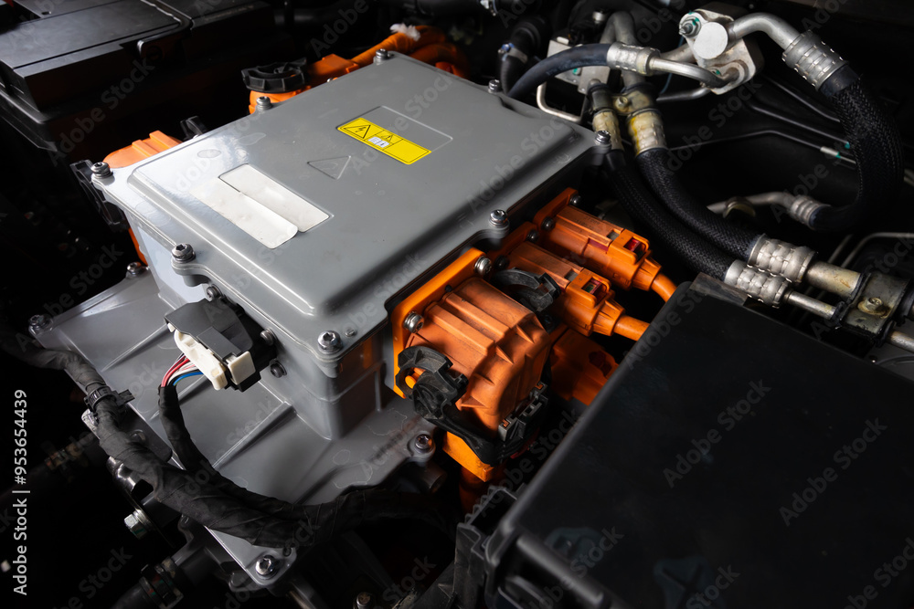 Electric car engine under hood. electric vehicle high power and ...