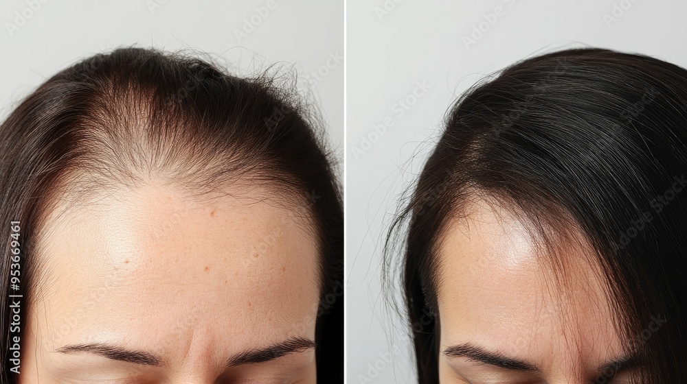 Side-by-side headshots of a woman showing noticeable receding hairline ...