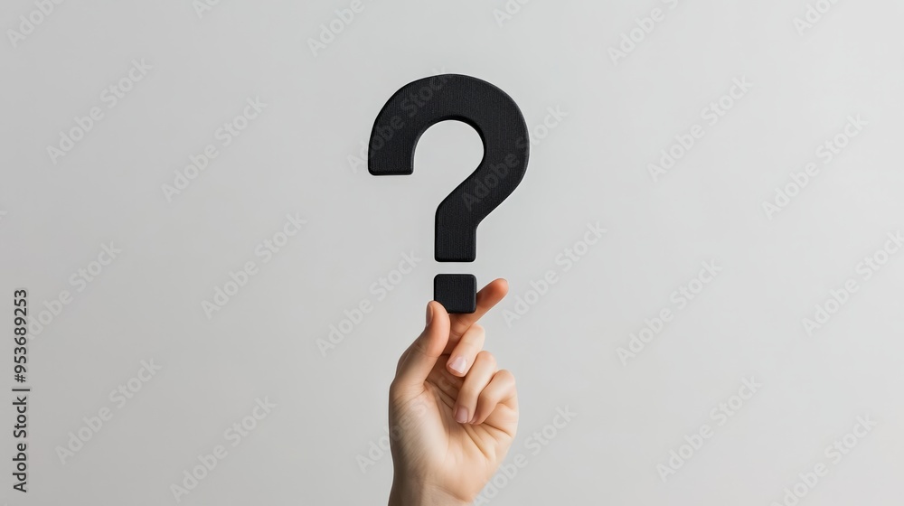 Single hand holding a black question mark on a plain white background ...