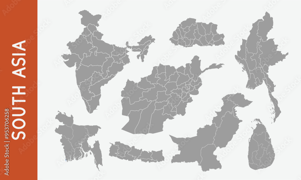 South Asia maps with regions isolated on a white background. South Asia ...