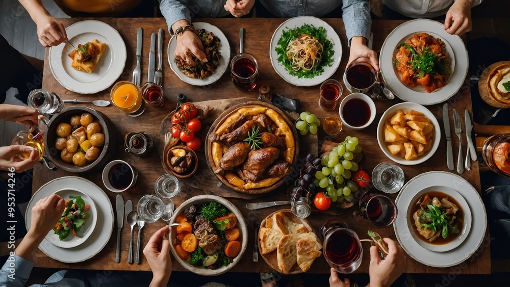 Full table of delicious Dinner party table European foods and drinks ...