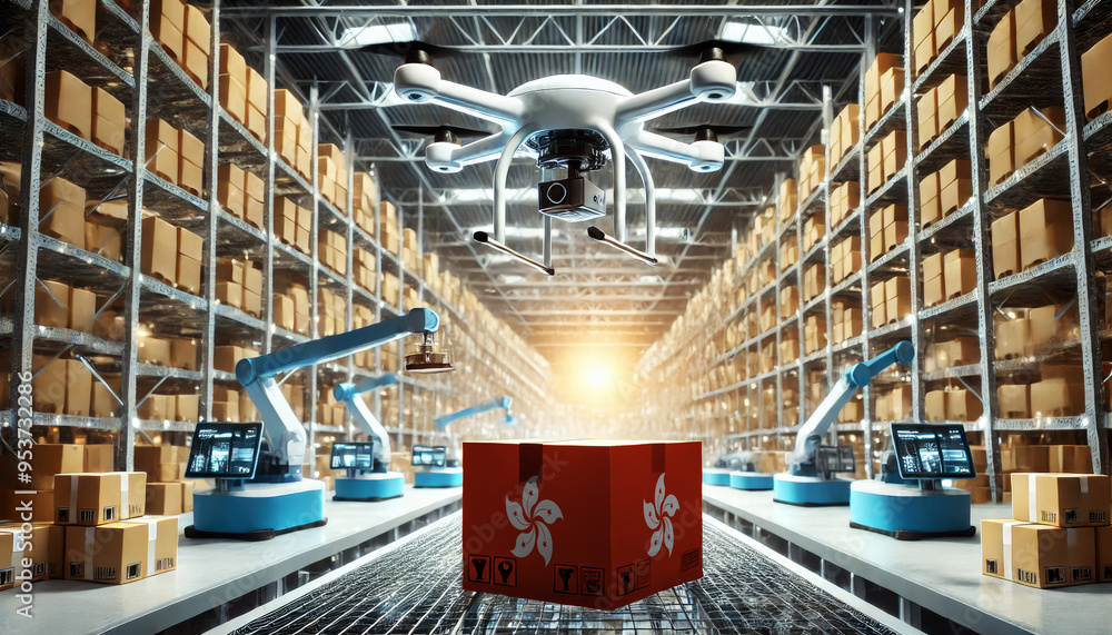 An advanced warehouse filled with drones and robots managing inventory ...