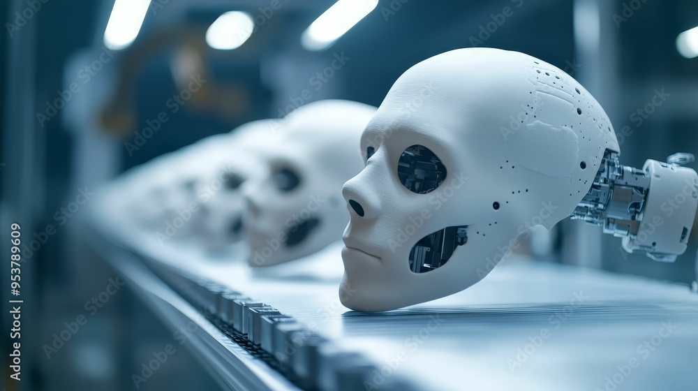 Automated assembly line creating Halloween masks, detailed robotic arms ...