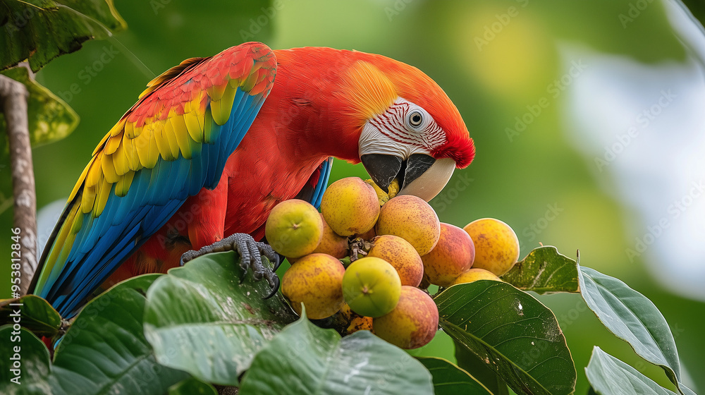 Scarlet Macaw bird, enjoying tropical fruits among lush green foliage ...