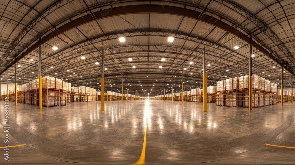 Interior of a Large Warehouse with Stacked Cardboard Boxes Stock ...