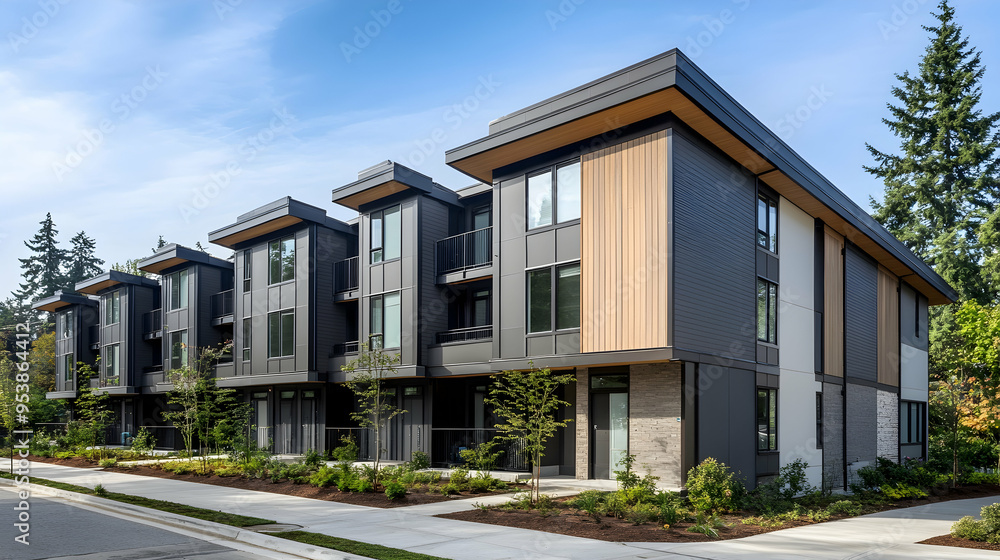 The exterior facade of a modern multifamily building adorned with ...