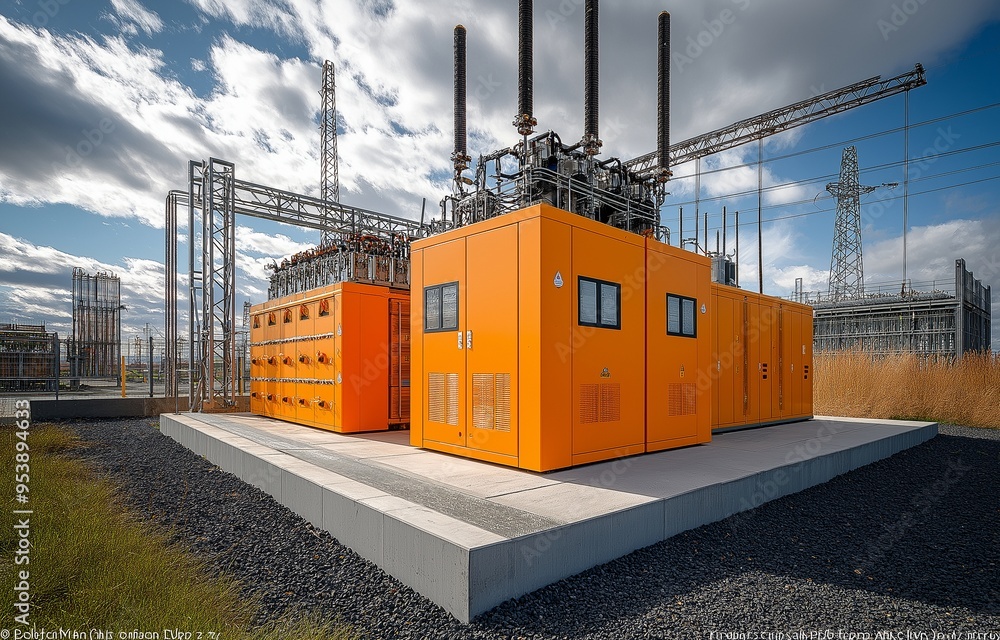 Switchgear gearbox transformers at a high-voltage electrical substation ...