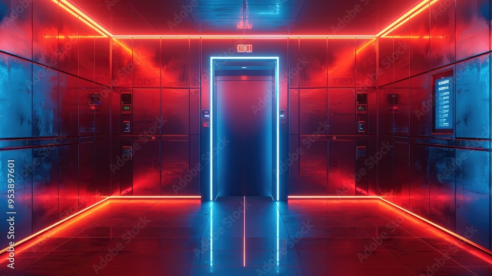 A futuristic wall-mounted digital display, the front elevator, facing ...
