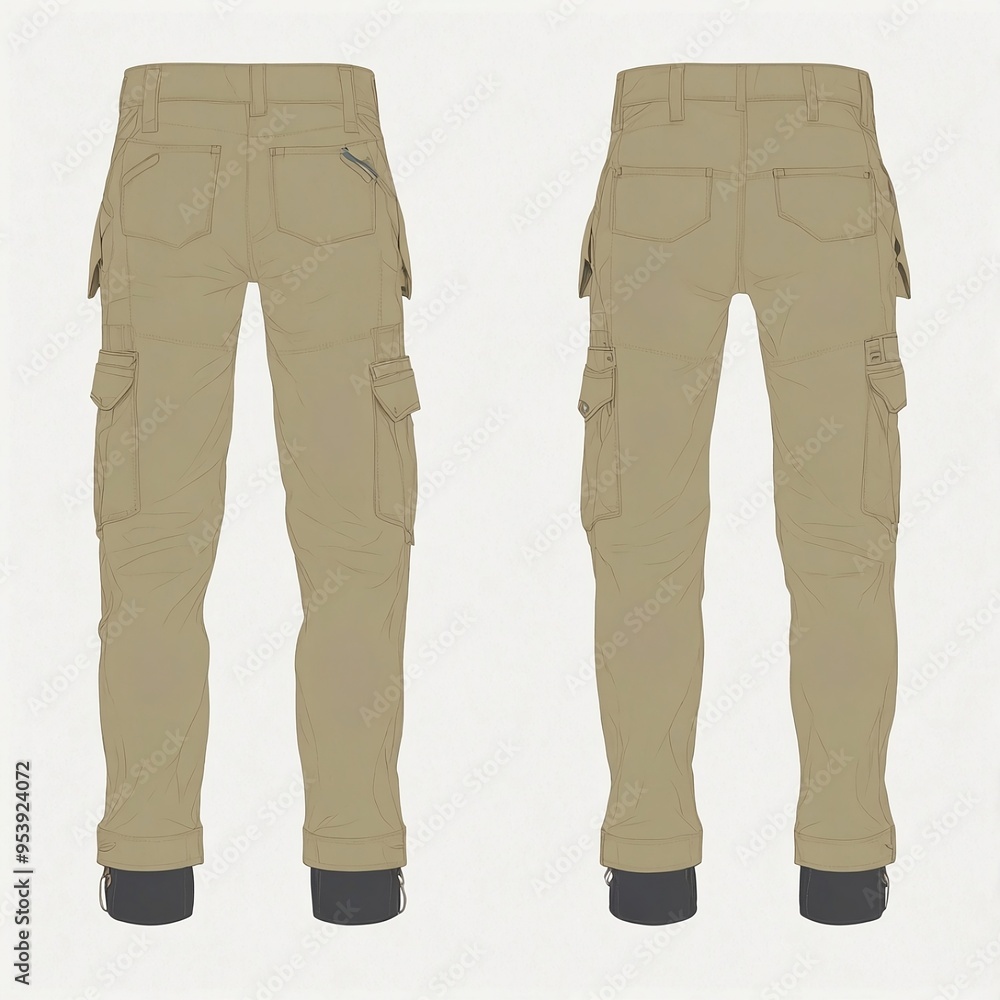Khaki cargo pants, mock up template, front and back view, isolated on ...