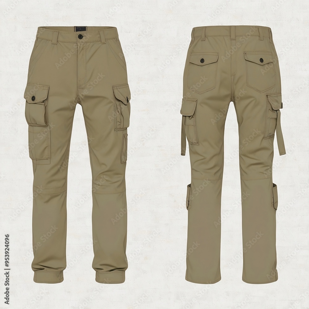 Khaki cargo pants, mock up template, front and back view, isolated on ...