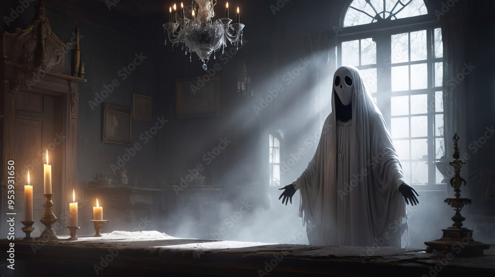 A mischievous but kind-hearted ghost is floating in an old, abandoned ...