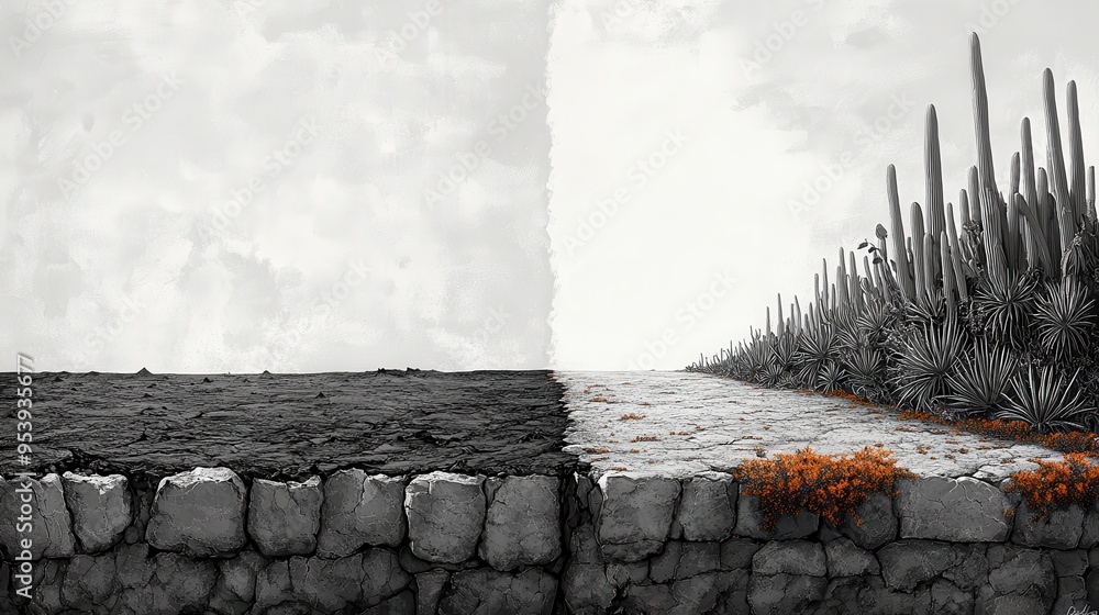 Surreal Landscape with Split View of Barren Desert and Vegetated Cactus ...