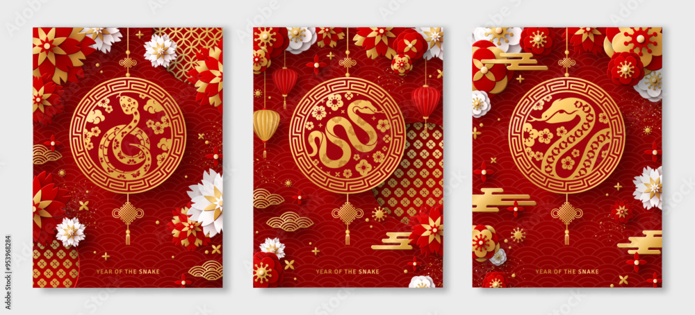 Posters Set 2025 Chinese New Year. Lunar Snake character. Vector ...