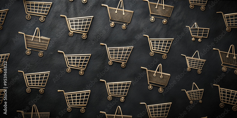 Textured black background with golden shopping cart icons for retail ...