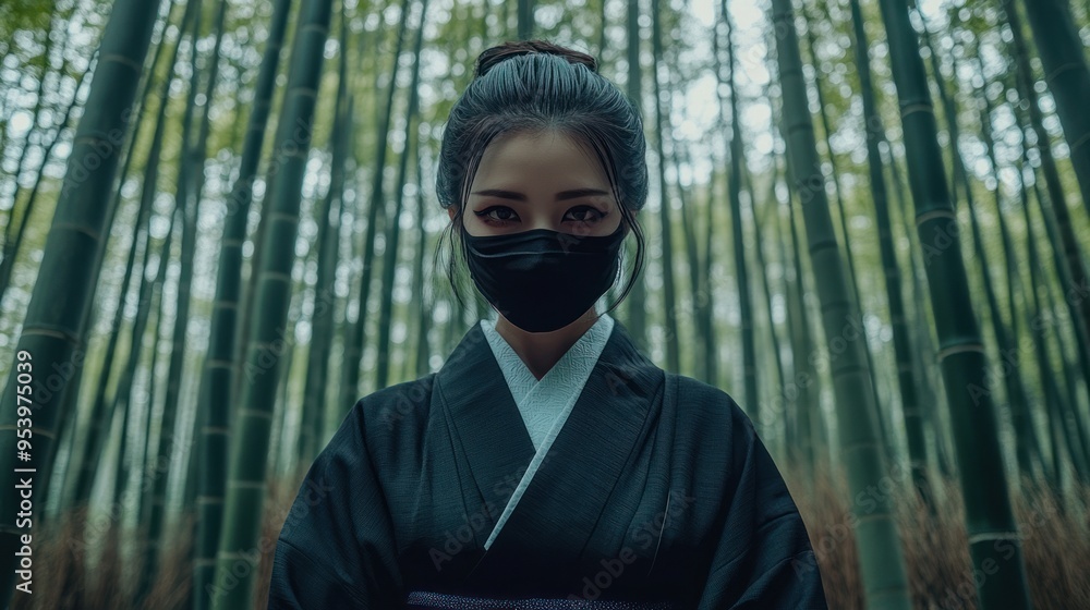 Traditional woman ninja custom with face mask in bamboo forest ...