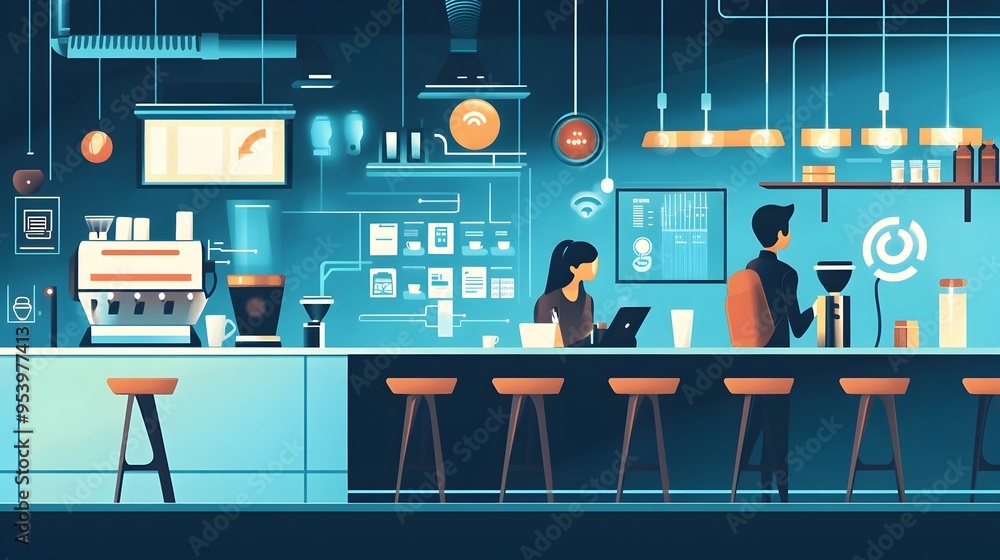 Detailed graphic showcasing IoT based environmental monitoring systems integrated within a cafe ...