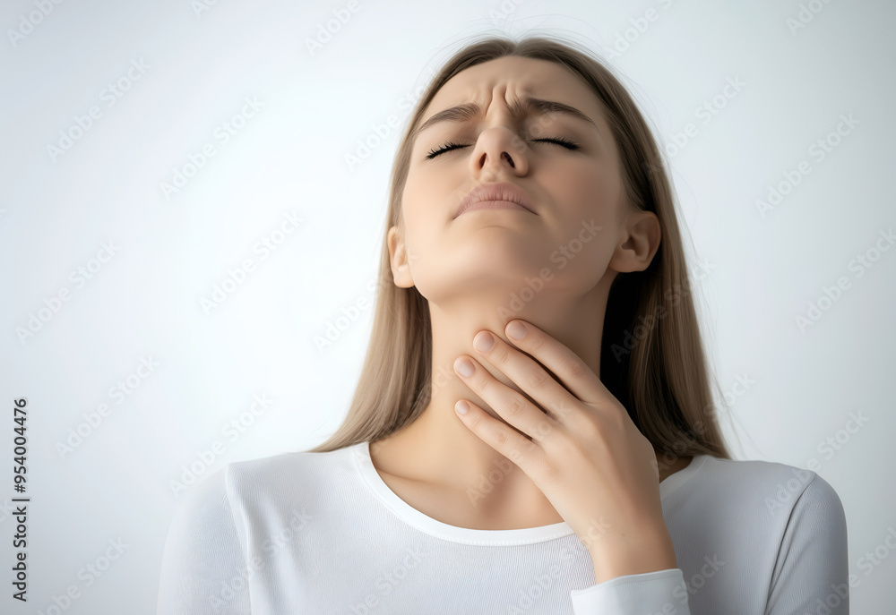 European woman with neck pain. Concept of sore throat, pharyngitis ...