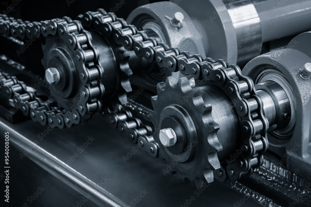 Gear chain drive shaft in conveyor belt is on production line. Timing ...