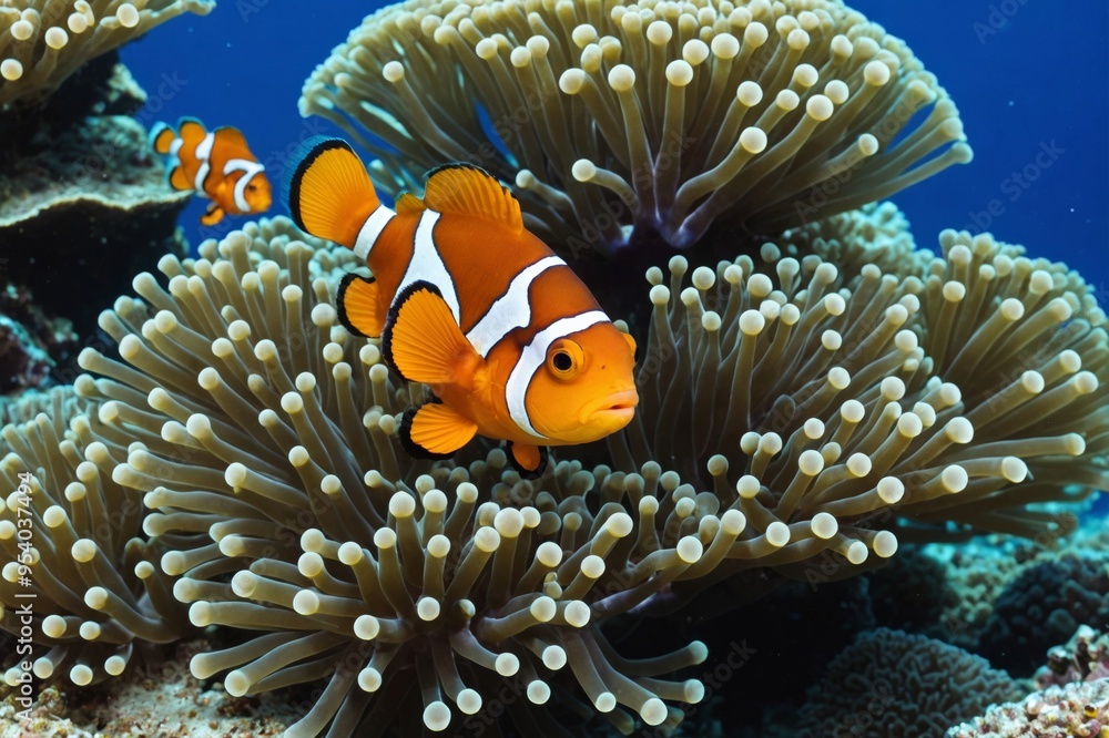 Cute anemone fish playing on the coral reef, beautiful color clownfish ...