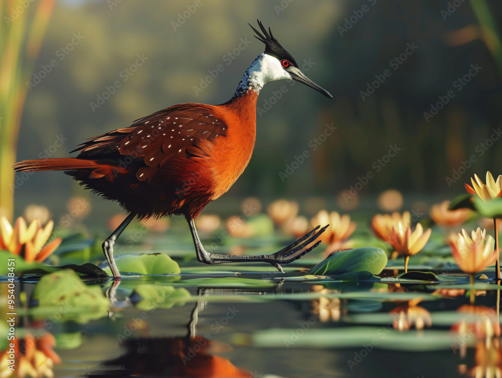 African Jacana walking on floating vegetation in a serene, reflective ...