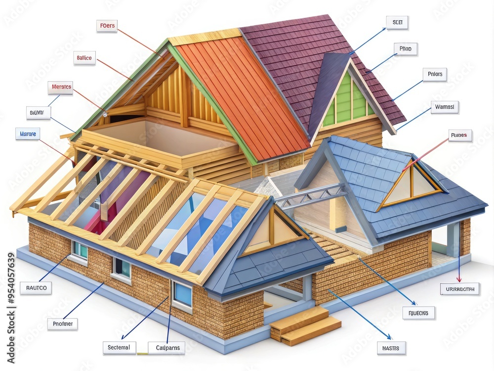 Colorful illustration of roof components including trusses, rafters ...