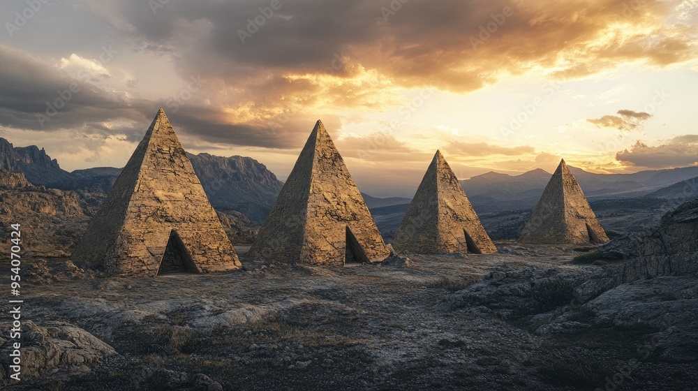 Stone pyramids against a realistic backdrop of rugged mountains and a ...