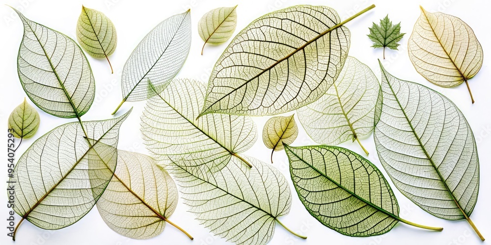 Delicate, intricate outlines of various leaf shapes and sizes in ...