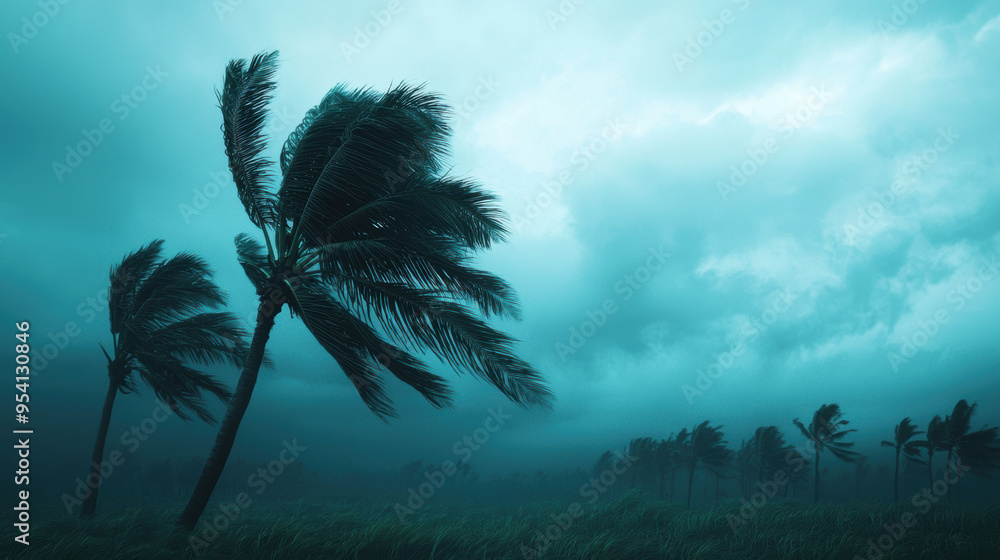 Galeforce winds bending palm trees during a tropical storm, extreme ...