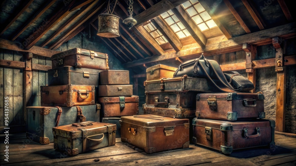 Vintage suitcases overflow with stolen personas and fake IDs in a dimly ...