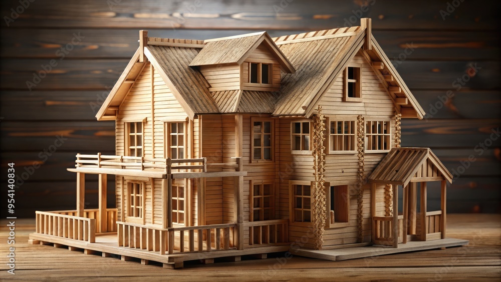 Intricate Wooden Stick Model Of A House With Rooms, Windows, And Doors ...
