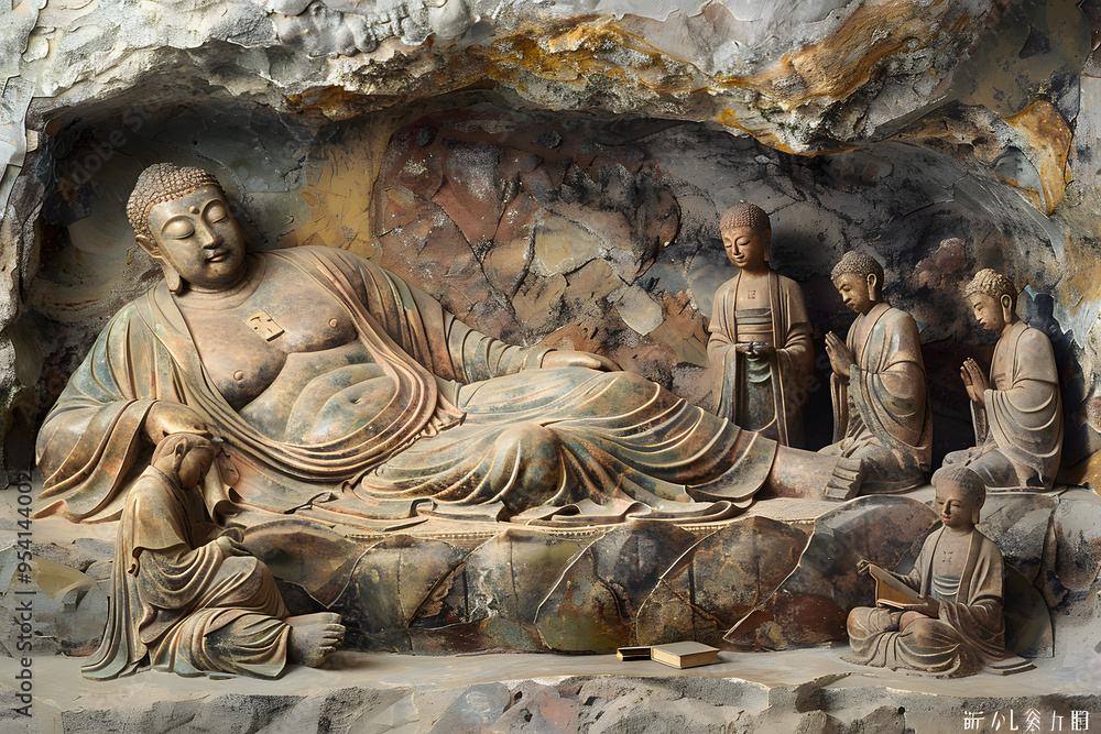 Buddha Lying on His Side in a Cave with Disciple Holding Offering ...