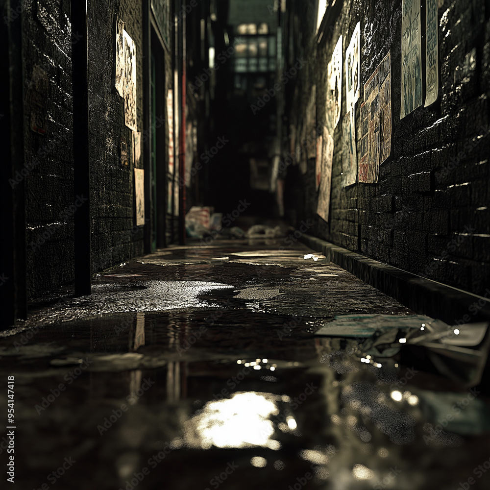 Narrow, dimly lit alleyway at night in an urban environment, featuring rain-soaked cobblestone ...
