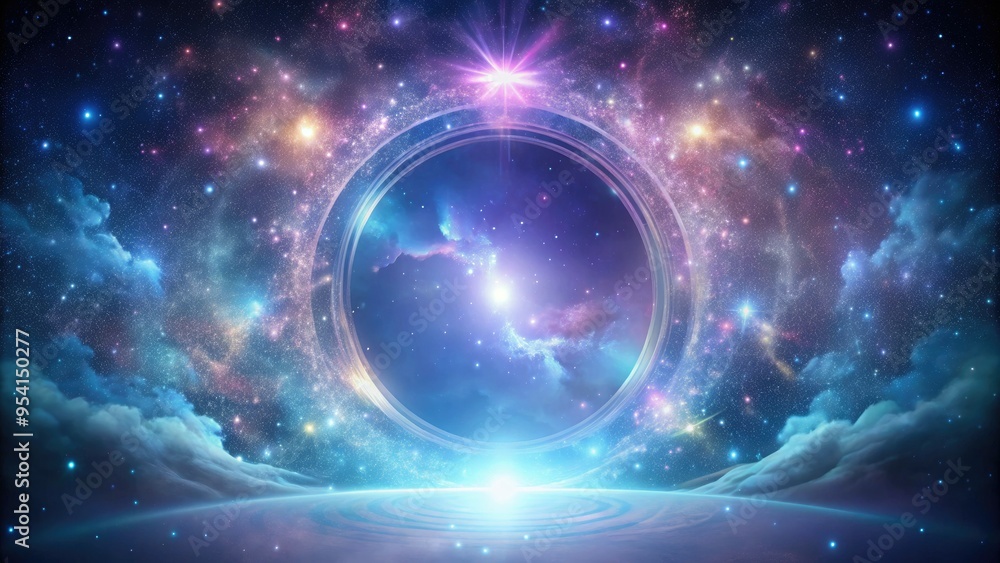 luminous astral portal gateway logo pulsates with soft pastel hues and ...