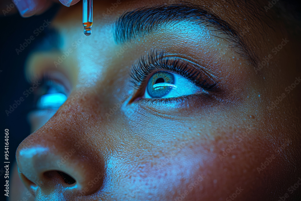 A person applying eye drops to relieve symptoms of dry eye syndrome ...