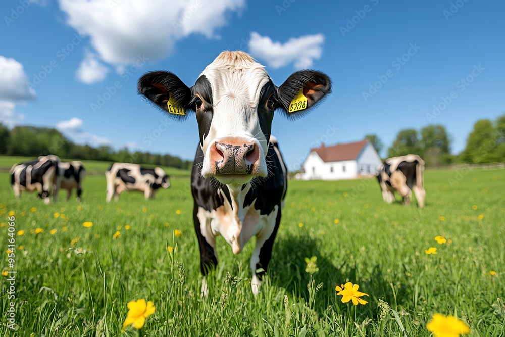 Farm Cow Dairy Cow, Pasture, and Feeding visualized in a farm scene ...
