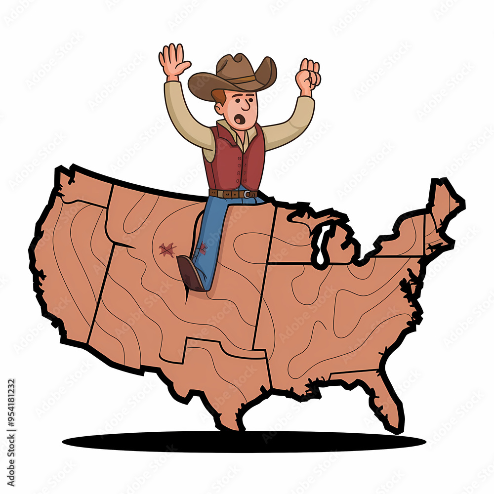 Cowboy riding a rodeo bull shaped like the USA map, Cartoon ...