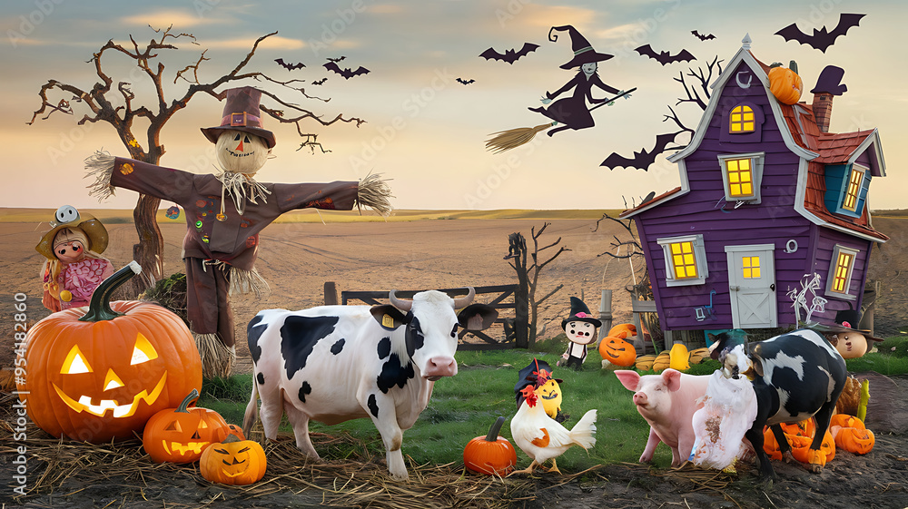 Whimsical Halloween farm scene with a haunted house, scarecrow, and ...