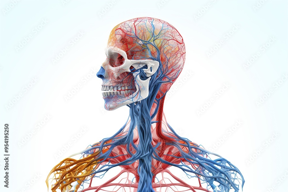 anatomical illustration depicts the human circulatory and skeletal ...