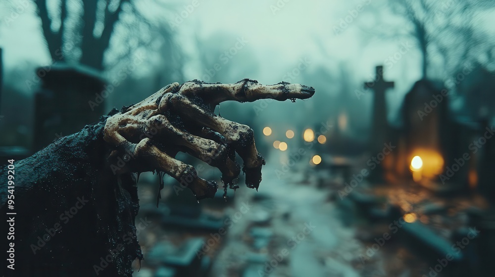 eerie skeleton hand pointing misty graveyard backdrop moonlit scene gothic atmosphere shadowy ...