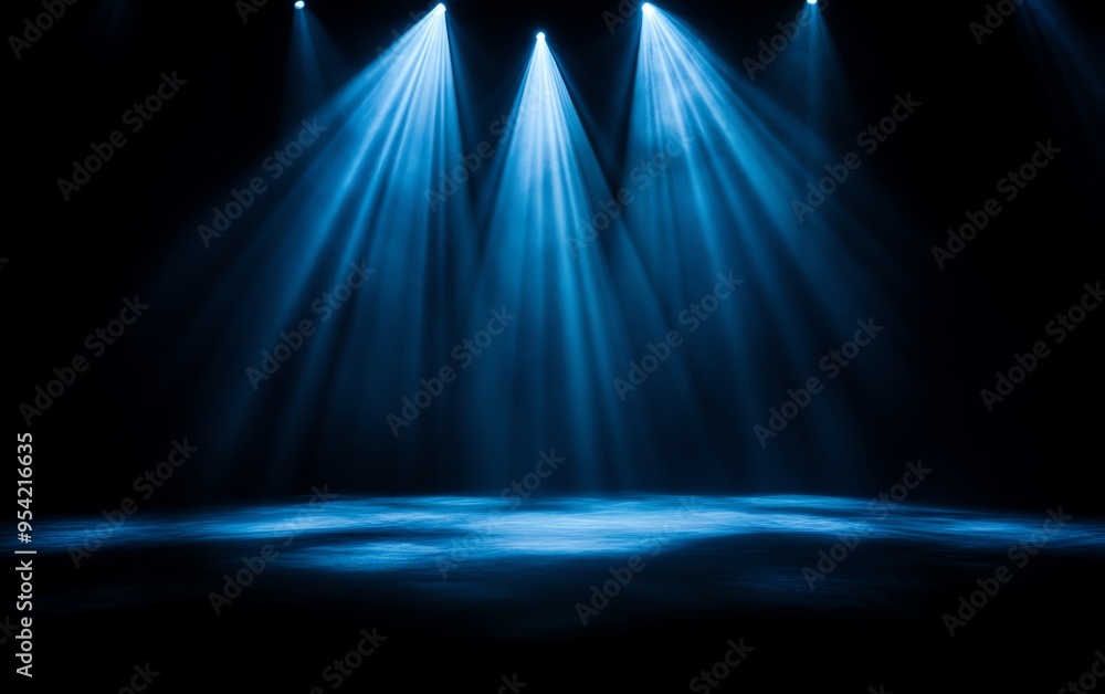 Dynamic blue spotlight beams illuminating a dark stage, creating an ...