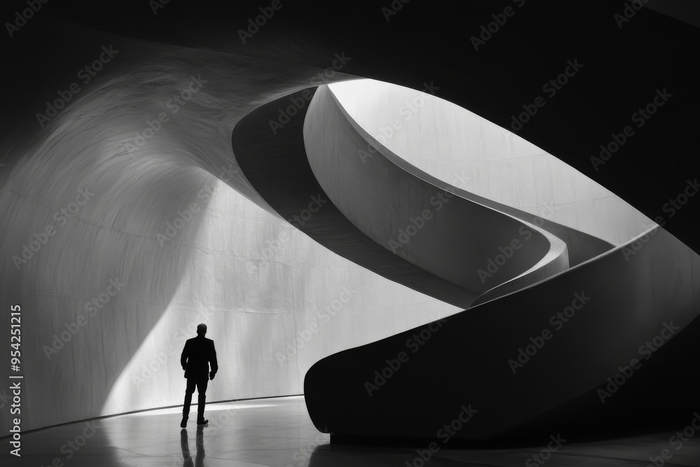 Person standing inside minimalist architecture spiral staircase ...